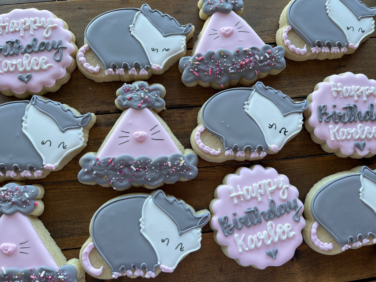 Opossum Birthday- 1 dozen – MSO Cookies + Cakes